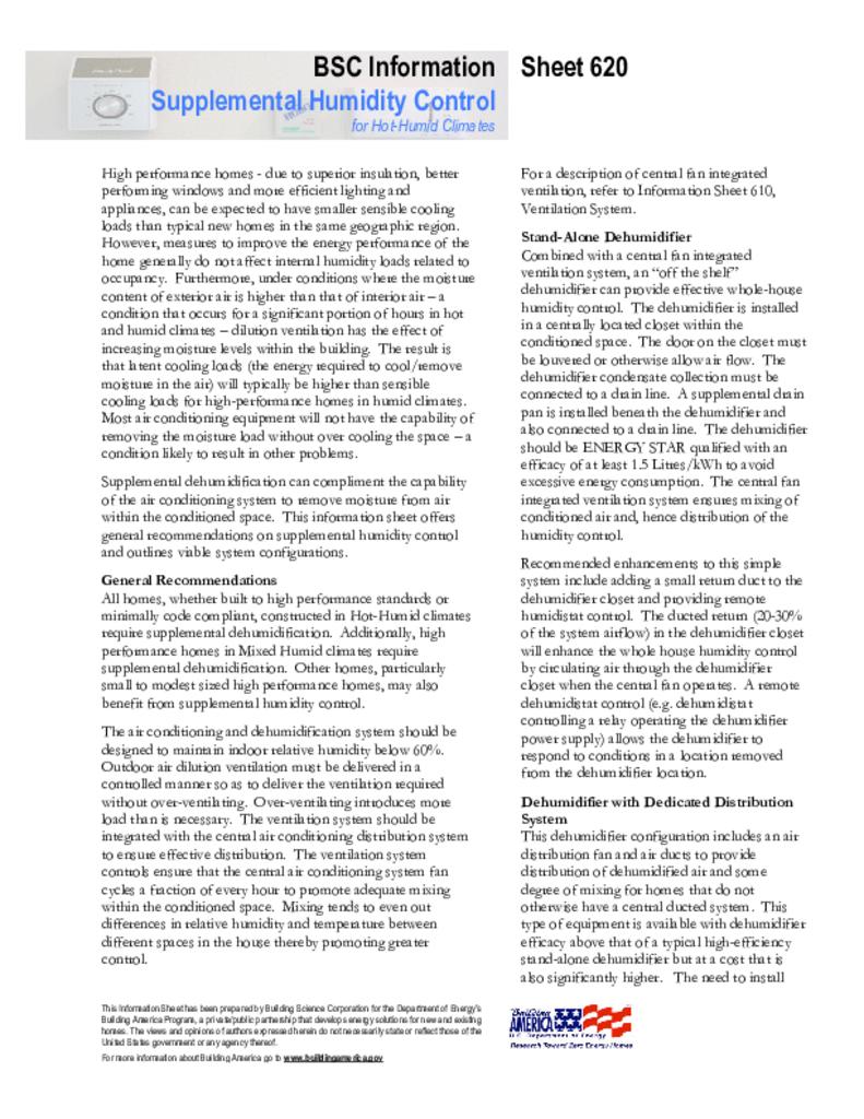 Info-620: Supplemental Humidity Control | Building Science Corporation
