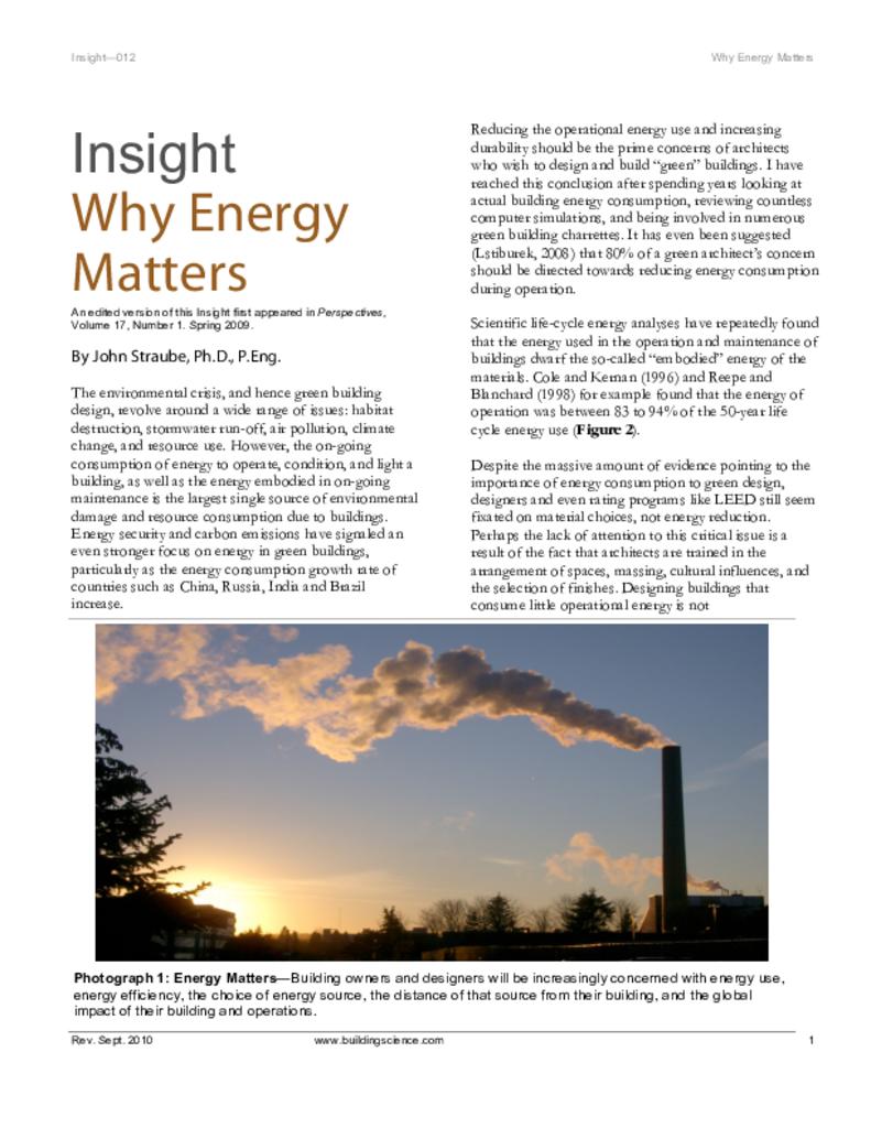 BSD-001: Why Energy Matters | Building Science Corporation